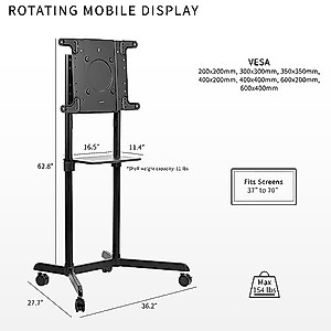 VIVO Mobile Premium TV Cart for 32 to 88 inch Screens up to 154 lbs, Samsung Digital Flipchart, Microsoft Surface Hub 2S, Portrait to Landscape, Shelf, Wheels, Max VESA 600x400, Black, STAND-TV02PB
