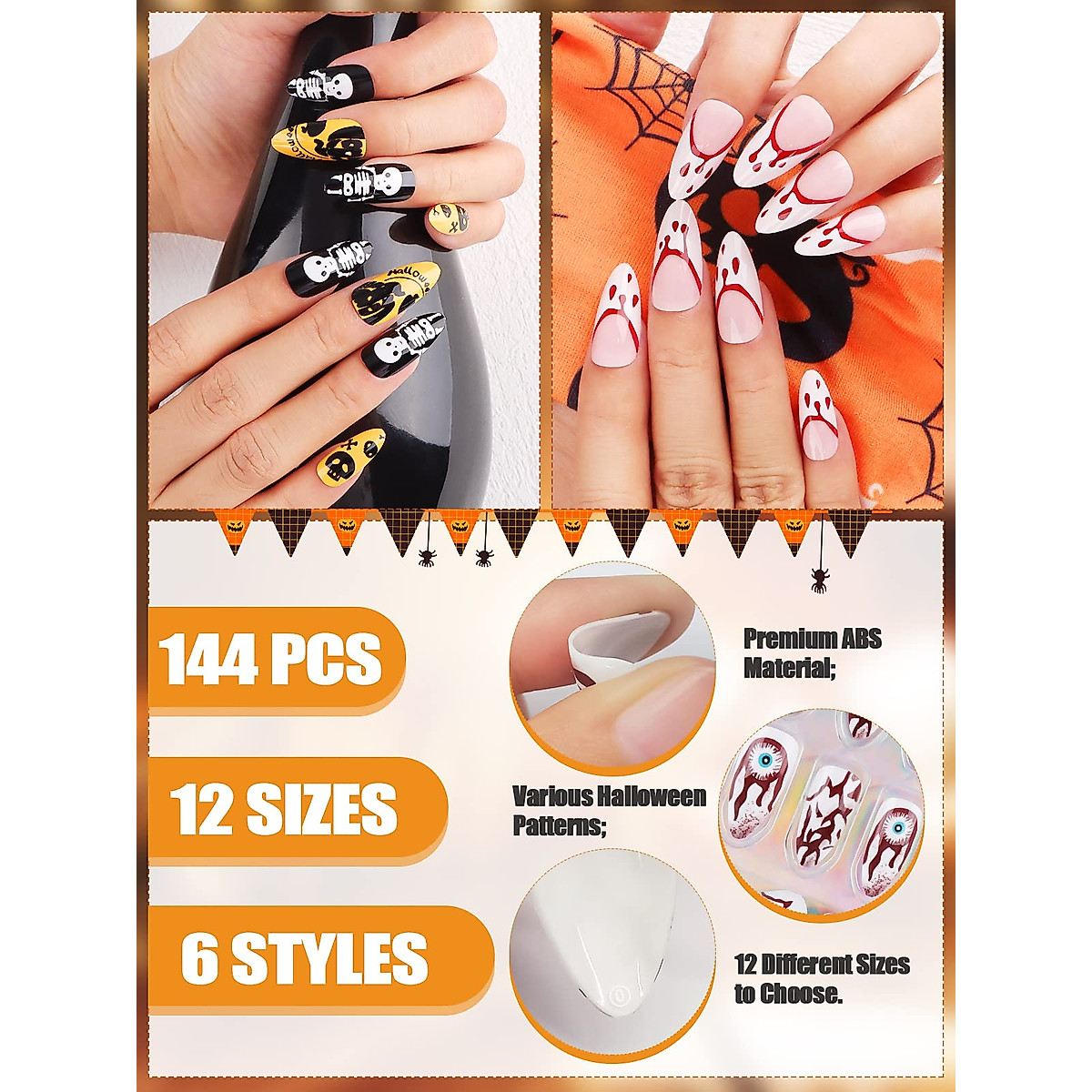 144PCS Halloween False Nails, Lorvain Halloween Artificial Nails Acrylic Full Cover Nails Fake Fingernails Press on Nails with 6PCS Nail Glue for Women Girls DIY Nail Art Salon Home (Almond)