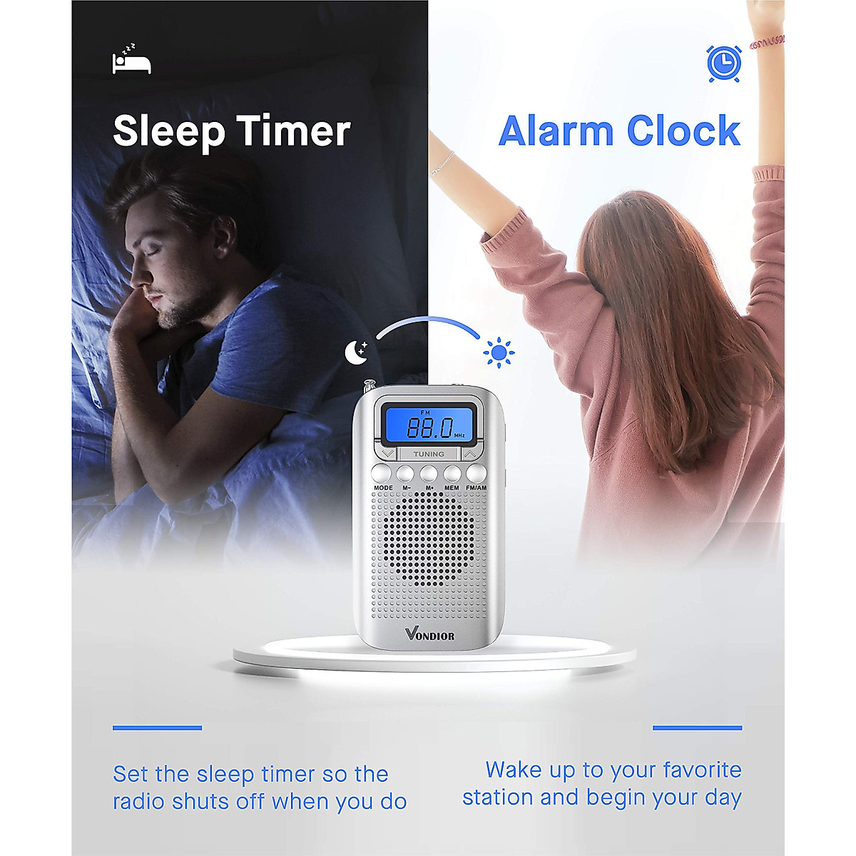 Vondior Digital AM FM Portable Pocket Radio with Alarm Clock- Best Reception and Longest Lasting. AM FM Compact Radio Player Operated by 2 AAA Battery, Stereo Headphone Socket (Silver)