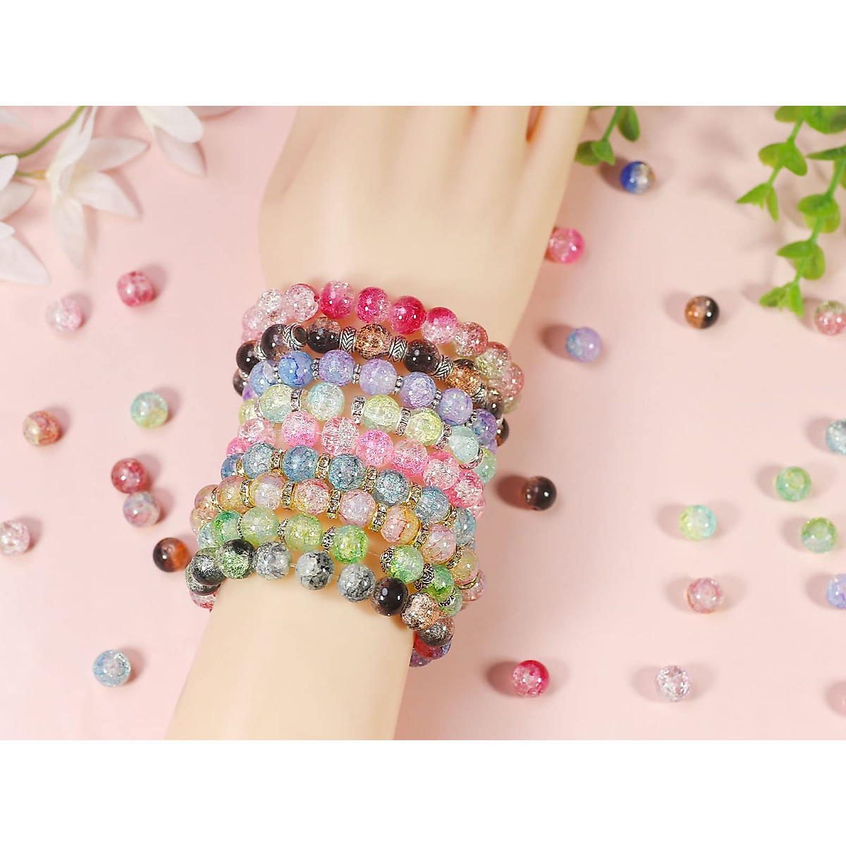 10mm Crackle Glass Beads for Jewelry Making 600pcs Assorted Panited Handcrafted Round Beads for Bracelet Lampwork Smooth Loose Beads Spacer Necklace Earring & DIY Crafts Beads Supplies