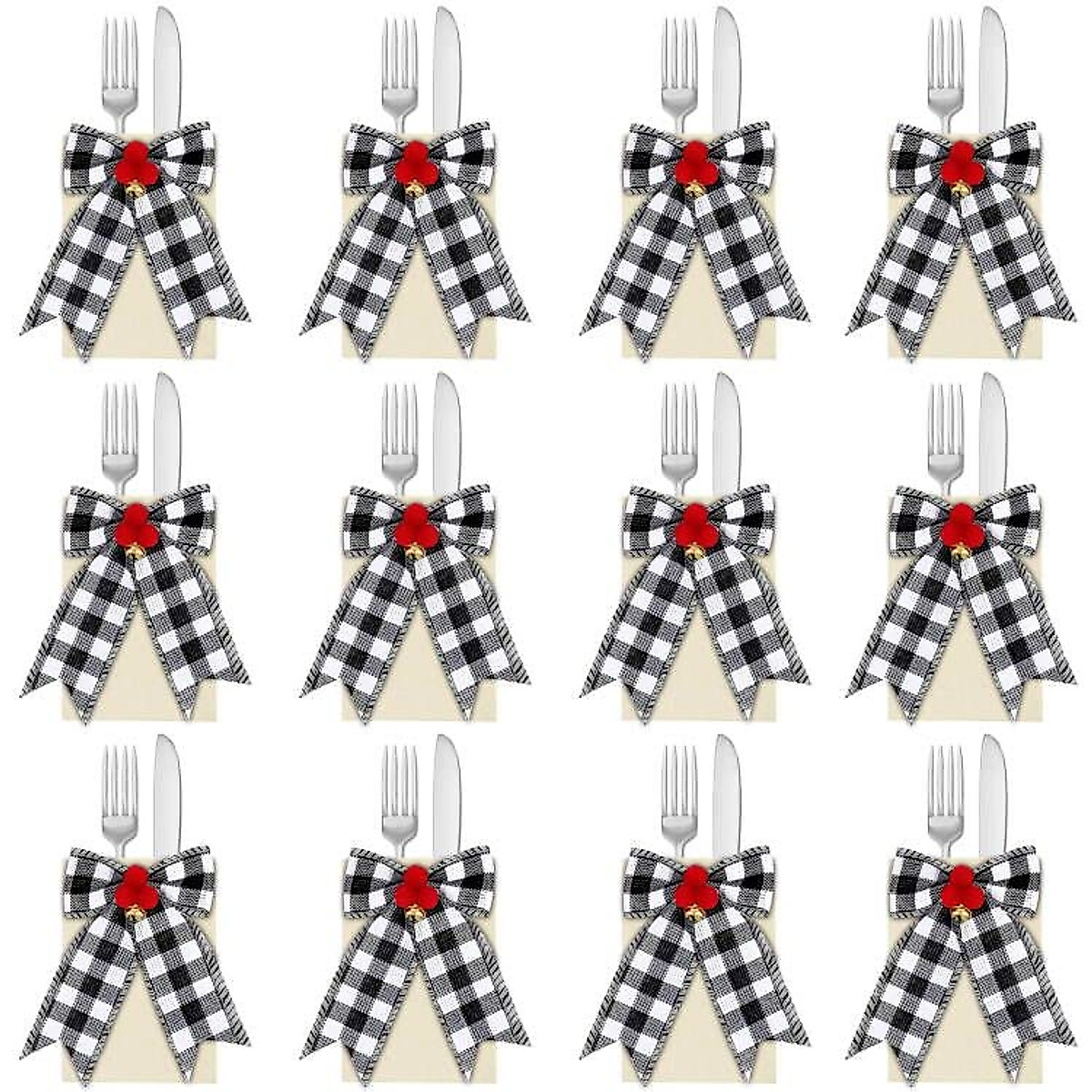 DULEFUN 12pcs Christmas Silverware Holders, Linen Christmas Cutlery Holders Classical Buffalo Plaid Xmas Flatware Tableware Holder Bags Christmas Utensil Holder for Christmas Table Setting Decorations