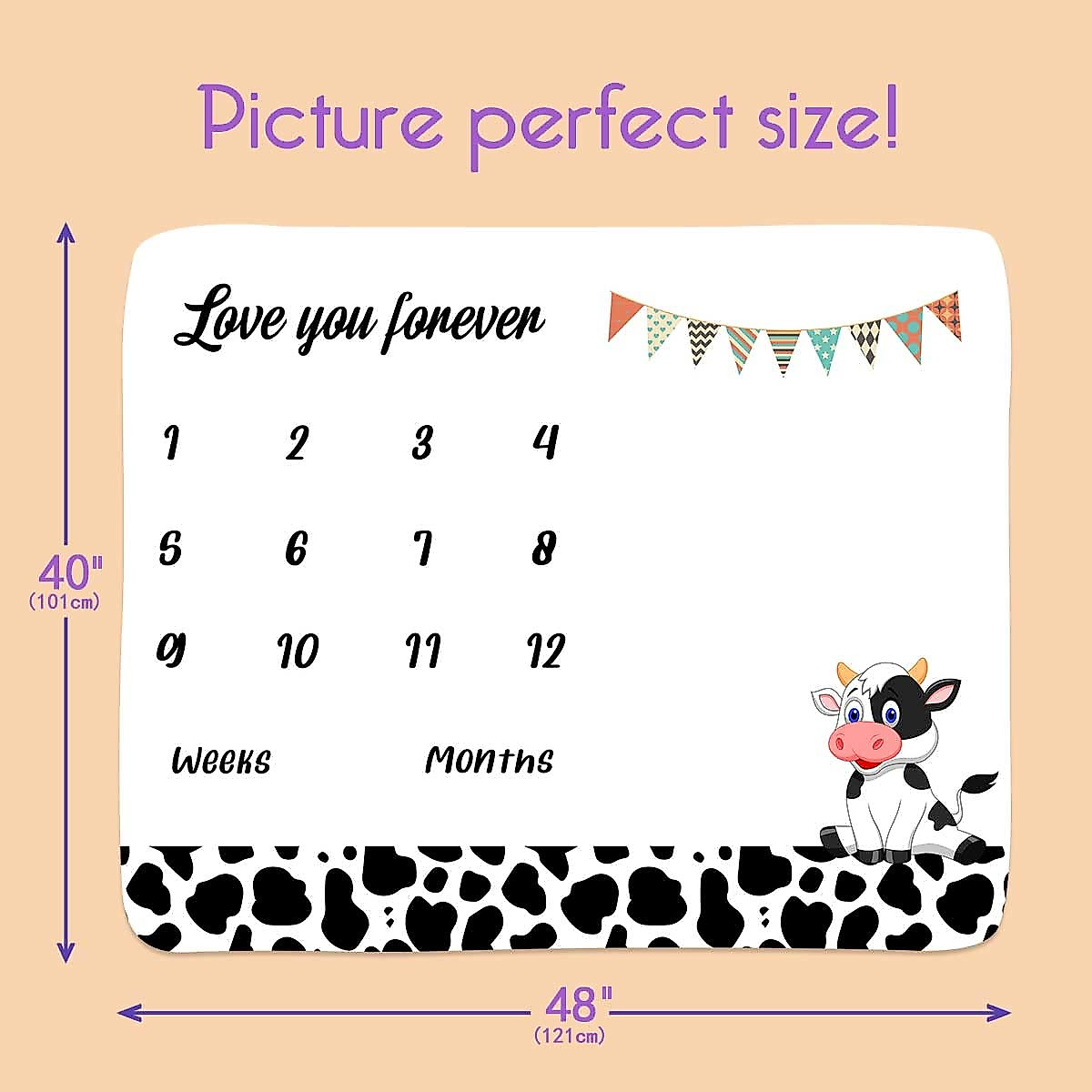 PHMOJEN Cow Milestone Blanket for Baby Boy, Farm Animals Cow Print Photography Background Newborn First Year Growth Blanket for Baby Pictures Include 4 Frames and 1 Headband 48"x40" BTYYPH46