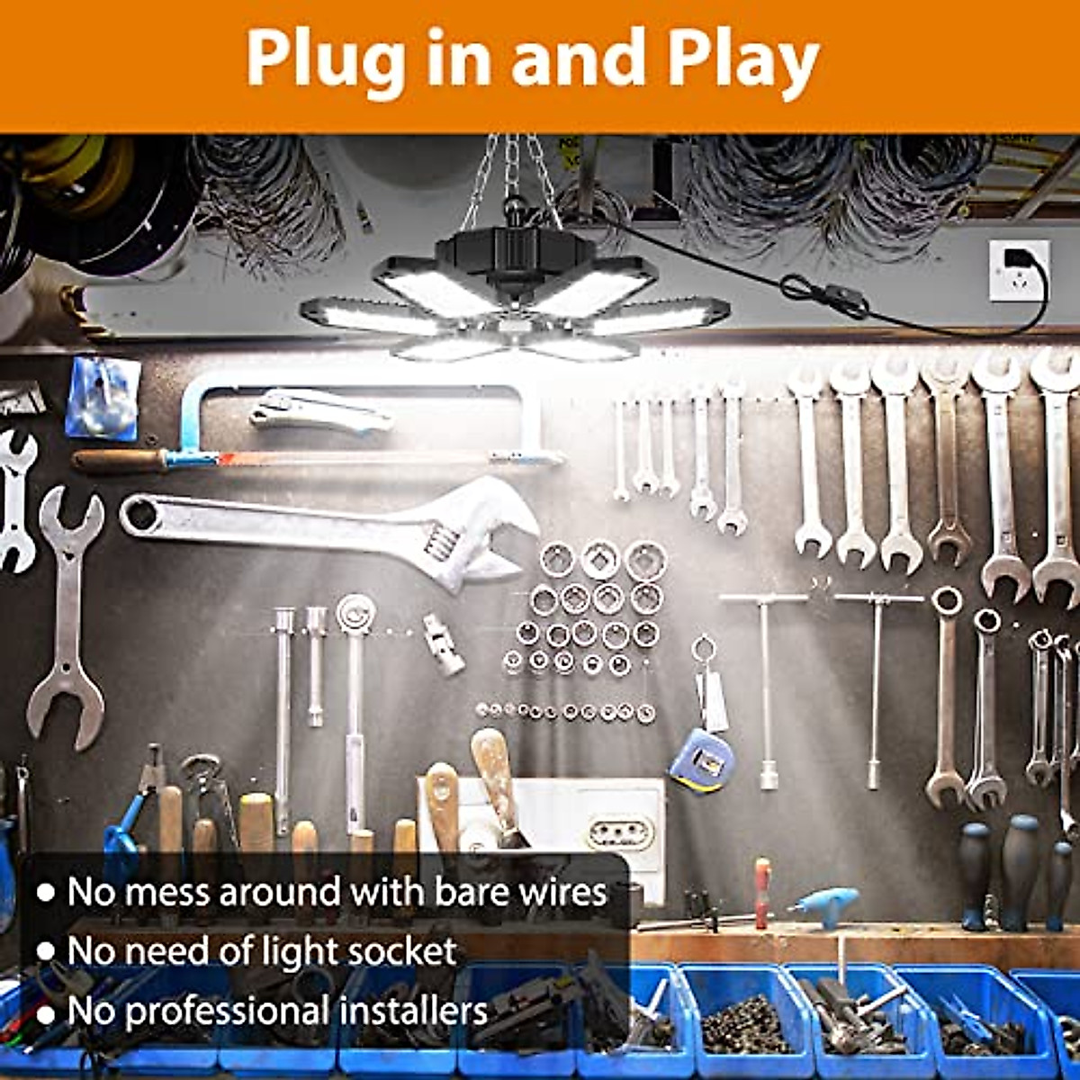 GDNZDUTS 2-Pack Garage Light, 160W 16000LM-6500K Deformable LED Garage Light with Plug, Linkable Garage Lights Ceiling LED with 6 Adjustable Panels for Garage Basement Workshop Built-in ON/Off Switch