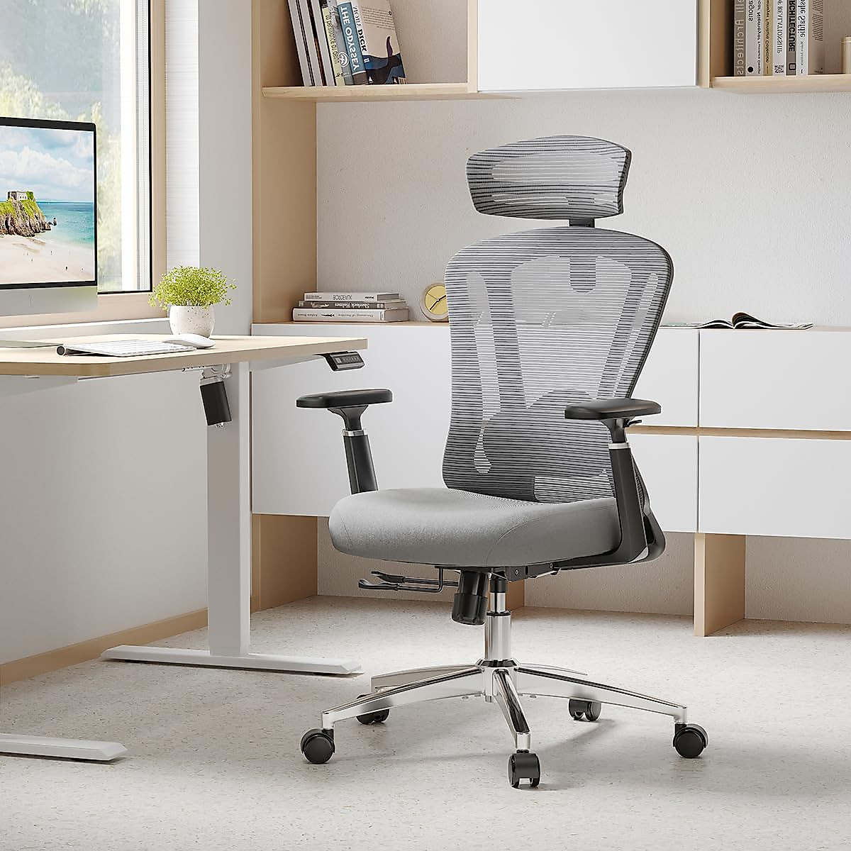 Farini Office Chair Ergonomic Desk Chair, High Back Office Chair with Wheels, Home Office Chair for Heavy People, Office Chair Adjustable Seat Depth, 3D Armrests and Adjustable Headrest, Gray