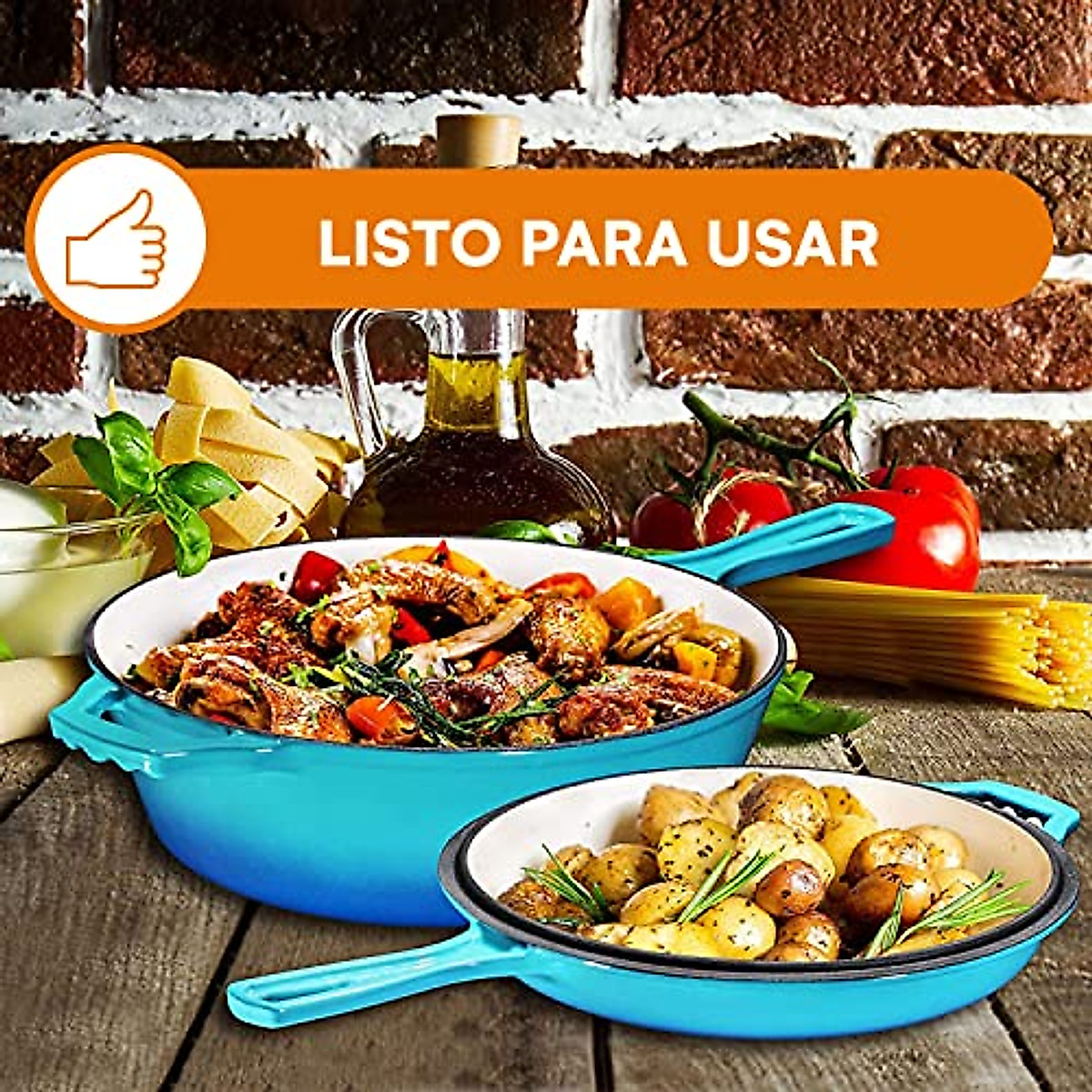 Bruntmor Caribbean 3QT Cast Iron Dutch Oven & Skillet Combo, Enamel Coated Cookware, Perfect for Braising, Casseroles and Slow Cooking