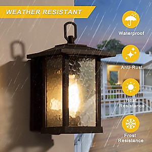 LALUZ Rectangle Outdoor Light Fixtures Wall Mount, Weather-Proof Porch Lights Outdoor with Water Ripple Glass, Anti-Rust Outdoor Wall Lantern for Patio, Yards, Garden, Front Door, Matte Black Finish