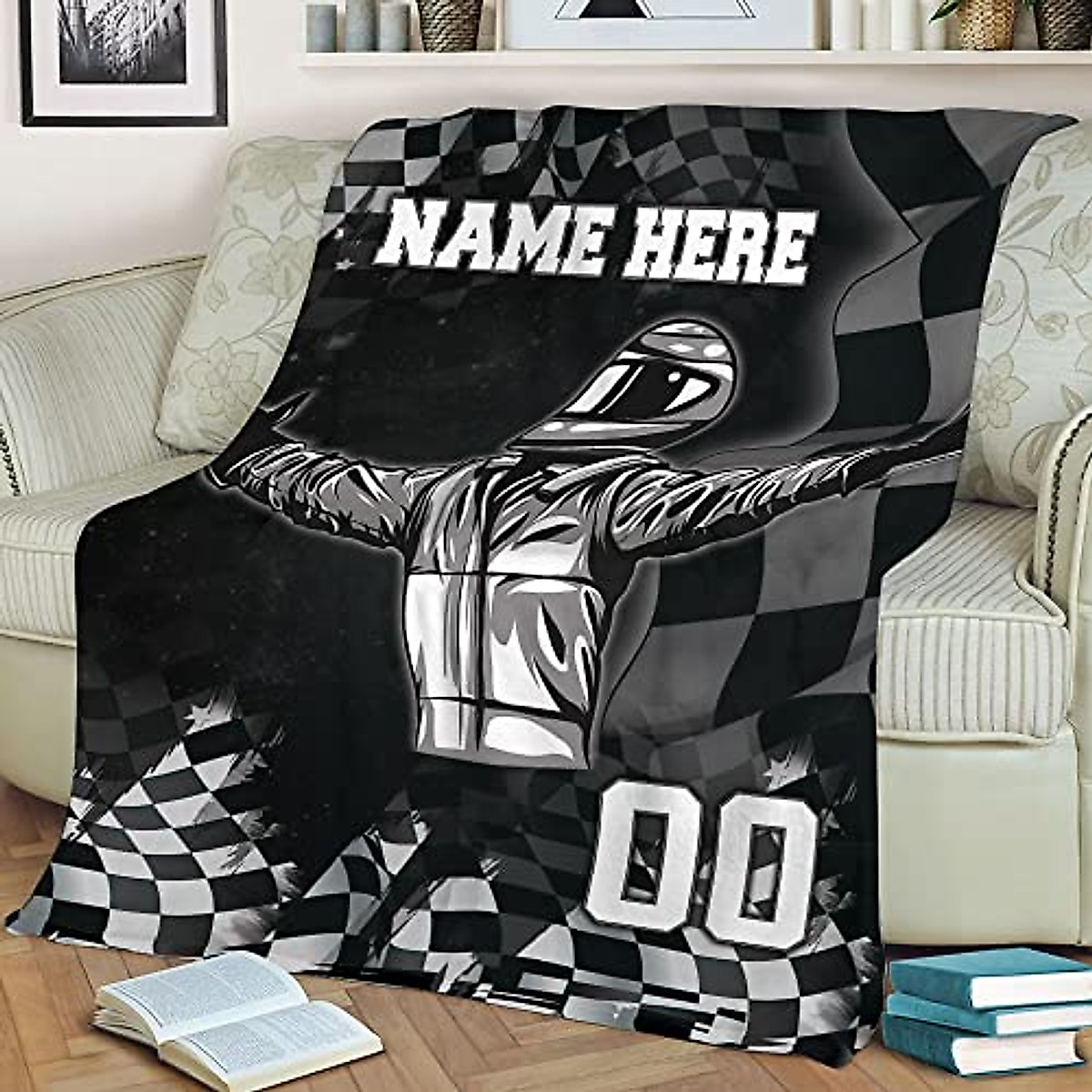 OhaPrints Custom Racing Lover Racer Checkered Flag Unique Gift Personalized Name Number Soft Sherpa Throw Blankets Cozy Fuzzy Fleece Throws for Tv Sofa Couch Comfy Fluffy Blanket 30X40 50X60 60X80