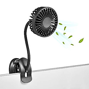 Clip on Fan Usb Mini Fan Battery Operated Desk Fan with Emergency Power Bank, Baby Stroller Fan Rechargeable Personal Fan Flexible Neck 3 Speeds Great for Beach Car Camping Dorm Bed Office-Black