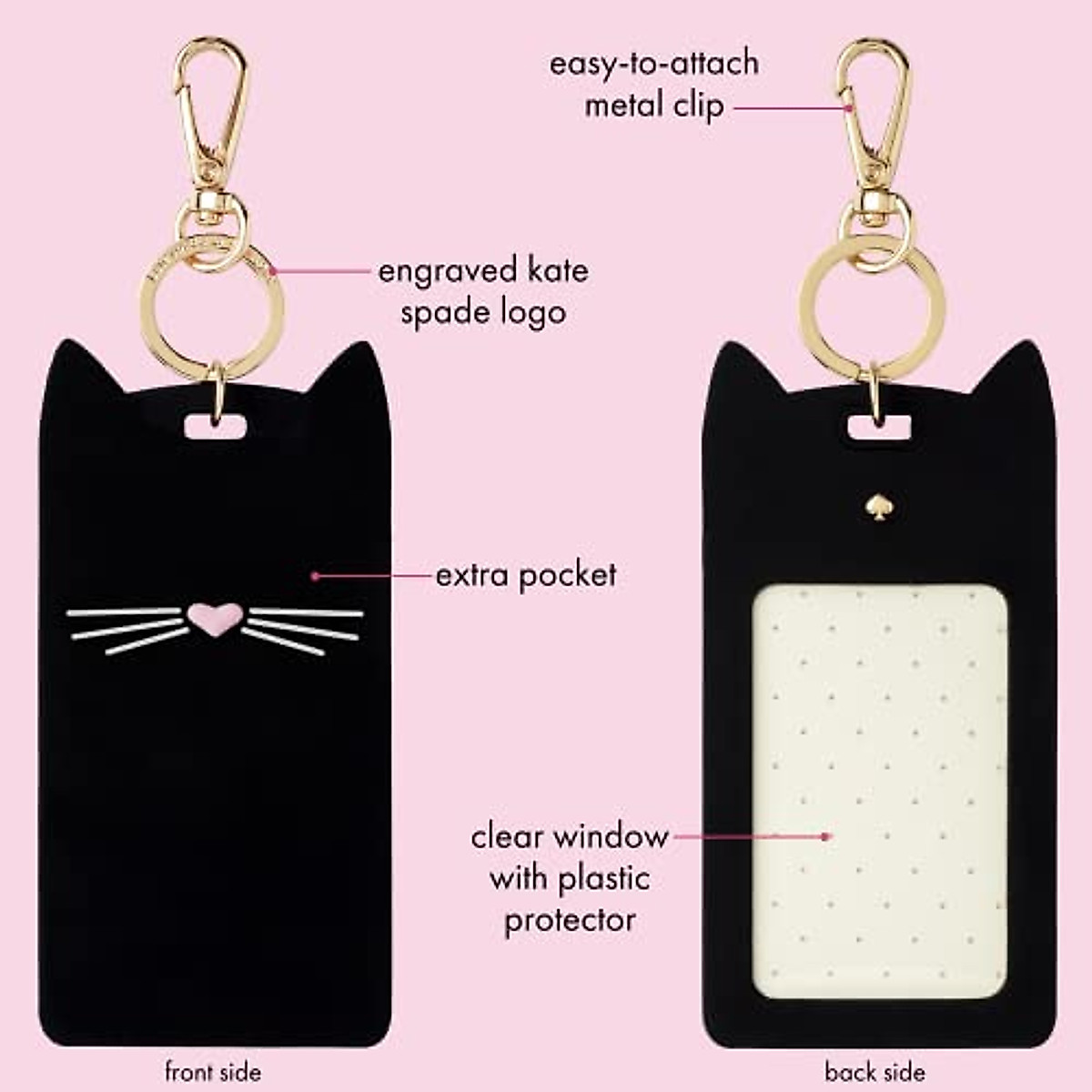 Kate Spade New York ID Badge Clip Key Chain, Silicone Keychain Accessory, Black Cat