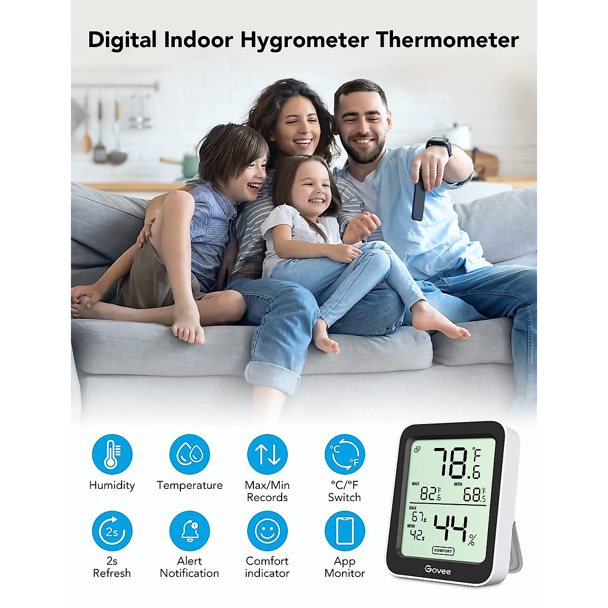 Govee Indoor Hygrometer Thermometer 3 Pack, Bluetooth Humidity Temperature Gauge with Large LCD Display, Notification Alert with Max Min Records, 2 Years Data Storage Export for Room Greenhouse, Black