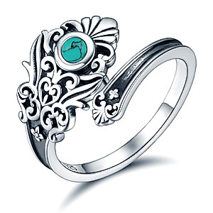 APOTIE Sterling Silver Turquoise Spoon Ring - S925 Victorian Vintage Flower Thumb for Women