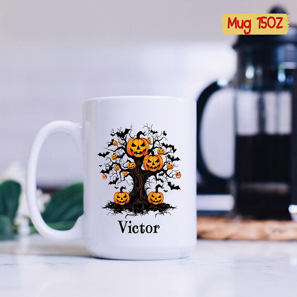 Personalized Halloween Mug, Pumpkin Tree Halloween Coffee Mug, Custom Pumpkin Ceramic Mug With Name, Novelty Halloween Day Pottery Mug, Horror Lovers Gifts, Unique Pumpkin Tree Porcelain Mug