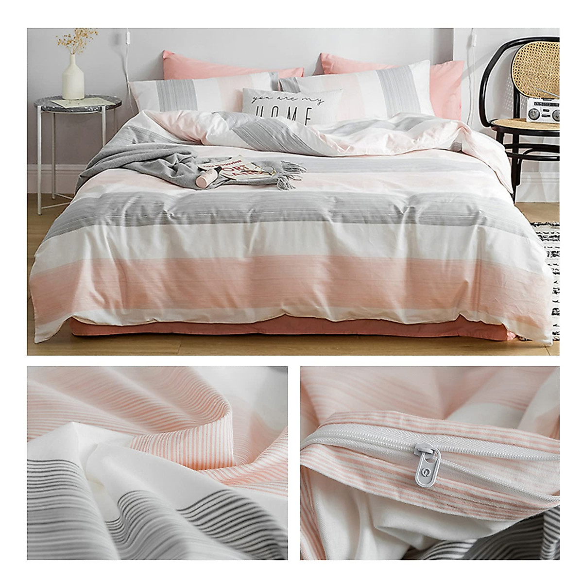 HighBuy Stripe Duvet Cover Queen Bedding Sets Kids Comforter Duvet Cover Grey White Pink Cotton Bedding Sets Queen Comforter Cover with Zipper Kids Duvet Cover Set for Boys Teens