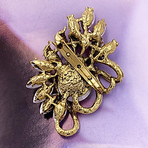 SELOVO Vintage Style Statement Red Leaf Scarf Shawl Brooch Pin Crystal Antiqued Gold Tone