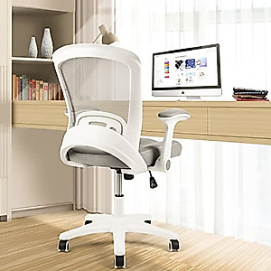 HYLONE Office Chair, White Computer Desk Chair, Mid-Back Task Chair Swivel, Flip-up Arms, Lumbar Support, Adjustable Height, Grey Mesh