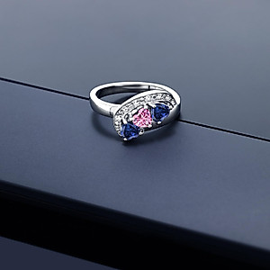 Gem Stone King 925 Sterling Silver Pink Moissanite and Blue Created Sapphire and White Created Sapphire Engagement Ring For Women (1.31 Cttw, Gemstone, Heart Shape 4MM, Size 7)