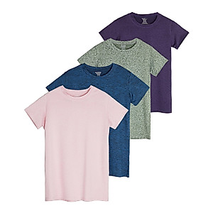 Real Essentials 4 Pack: Girls Short Sleeve Shirts Tees Active Quick Dry Fit Crew Neck T-Shirt Active Athletic Tops Soccer Sports Yoga Young Teen Chica's Kids Zebra Summer Clothes - Set 10, LG (14)