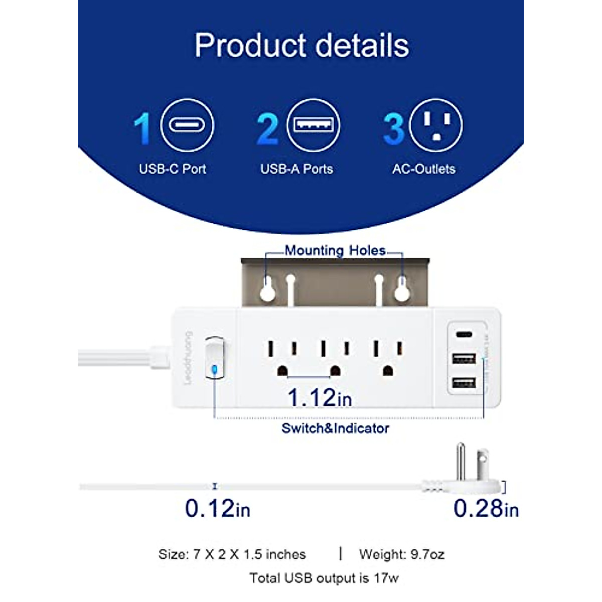 Leadchuang 1875W Power Strip Ultra-Flat Plug Extension Cord with USB C Ports, Surge Protector with 3 USB 3 AC Outlet, Mountable Flat 5 ft with Phone Stand for Kitchen, Home and Office