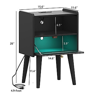 Irontar Nightstand with Charging Station, LED Bedside Table with Hinged Door & Open Storage Space, Modern End Table with Wooden Legs, Night Stand for Bedroom, Living Room, Black BZZ009BE