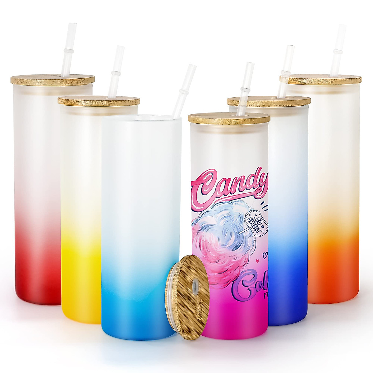 AGH 25 oz Sublimation Glass with Bamboo Lid, 6 Pack Frosted Sublimation Beer Can Glass, Gradient Color Material, Suitable for Beer, Juice, Ice Water, Drinks, Etc.