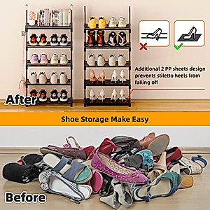 Antigo 10 Tier Tall Shoe Rack for Closet, Narrow Shoe Rack for Entryway, 20-24 Pairs Vertical Shoe Organizer Storage Space Saving,Metal Stackable Shoe Stand Shelf Shoe Tower with Hook Pp Gaskets