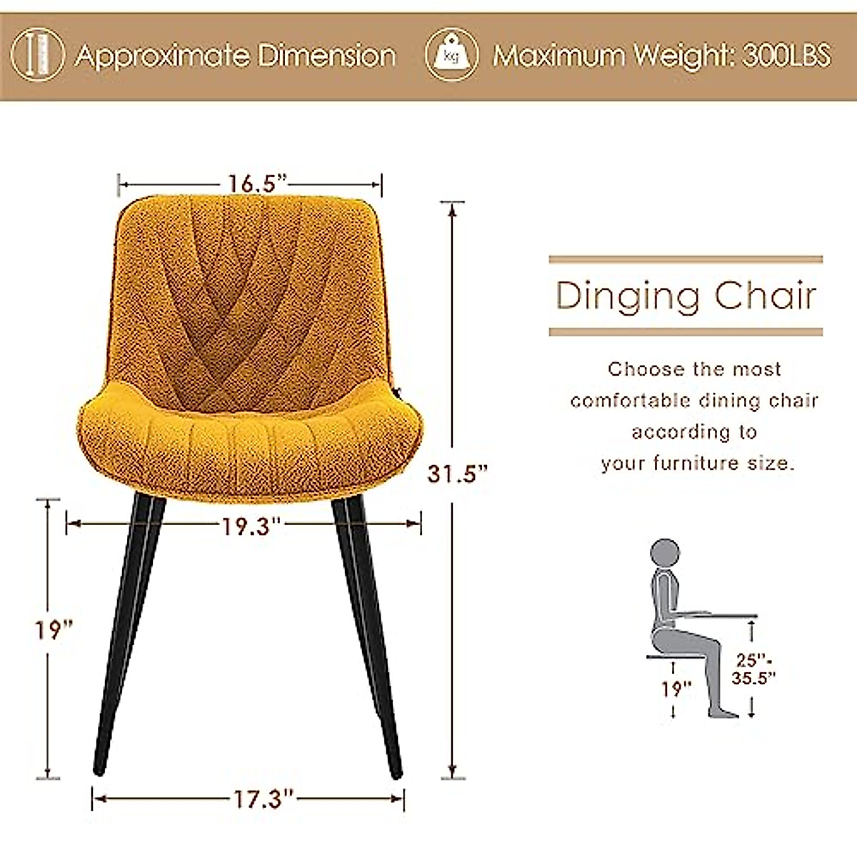 YOUNUOKE Dining Chairs Boucle Kitchen Chair Set of 2 Armless Vanity Chair with Back Modern Dinner Chair for Desk Living Bedroom, Yellow