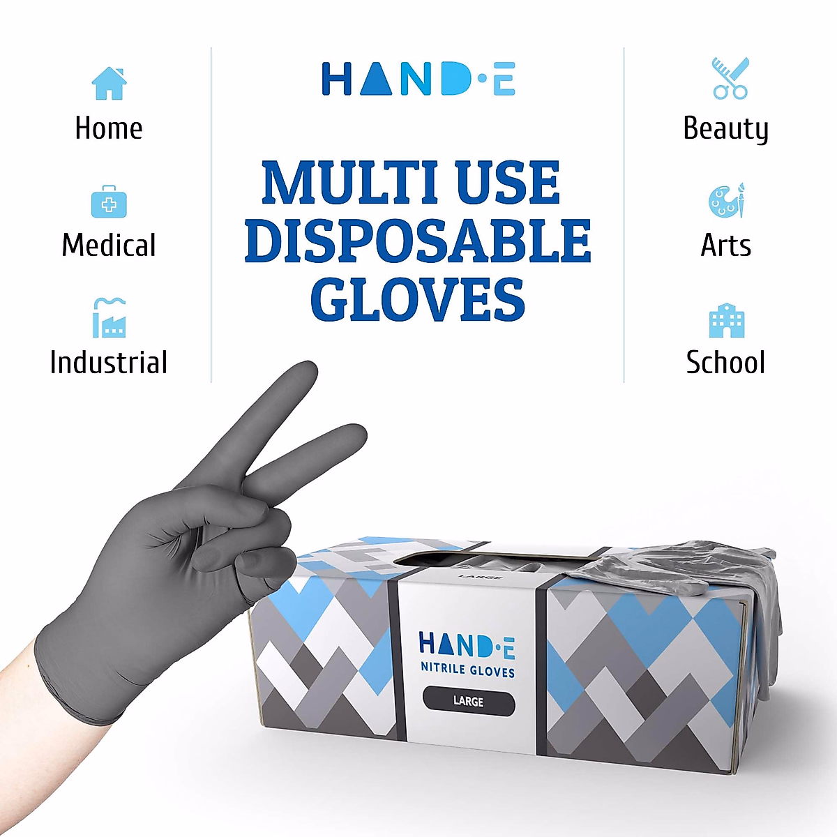 Hand-E Touch Disposable Grey Nitrile Gloves Large - 400 Count - Powder Free, Latex Free Medical Exam Gloves With Textured Grip Fingertips - Cleaning, Salon, Painting, Kitchen