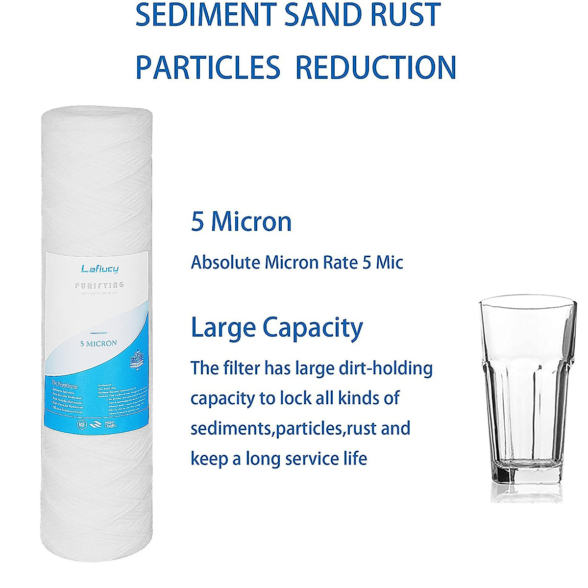 Lafiucy 5 Micron 10" x 2.5" String Wound Sediment Water Filter Cartridge,5 Pack,Whole House Sediment Filtration, Universal Replacement for Most 10 inch RO Unit