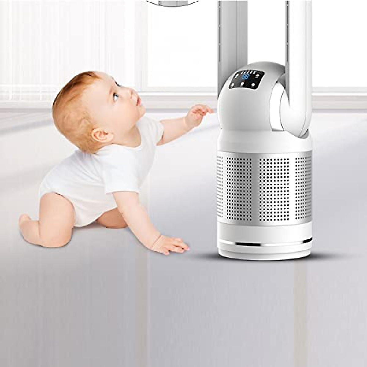 HEATIT Bladeless Fan with Remote and Air Purifier Tower Fan 80° Oscillating with 8 Speeds 8H Timer Air Circulator Fan for Home Bedroom Kitchen and Office White