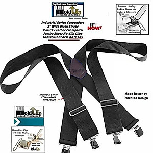 Holdup 2" wide Non-Elastic Industrial Series Black Suspenders for Men with the USA Patented No-Slip Clips