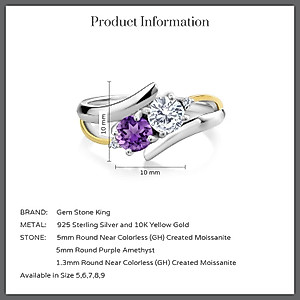 Gem Stone King 925 Silver and 10K Yellow Gold White Moissanite and Purple Amethyst and White Moissanite 2-Stone Crossover Ring For Women (1.00 Cttw, Size 8)