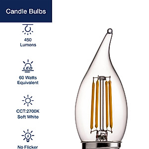 FLSNT LED 60 Watts Equivalent Chandelier Light Bulbs, CA11 Dimmable Filament Clear LED Candelabra Bulbs, E26 Medium Base, 2700K Soft White, 6 Pack