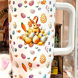 winiwo 40 oz Easter Tumbler with Handle and Straw, Easter Gifts for Kids, Rabbits Lover, Bunny Insulated Tumbler for Hiding Candy Chocolate Eggs, Stainless Steel, Available Gift Wrapping (White)