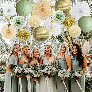 Sage Green Party Decorations Baby Shower Sage Green and Gold Party Decorations White Fans Tissue Paper Pom Poms Sage Birthday Wedding Engagement Bridal Shower Bachelorette Party Decorations