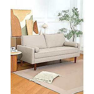 Koorlian Small Sofa Couch, 2 Seater Fabric Loveseat, Mid Century Modern Couches for Living Room, Button Tufted Seat Cushion, Square Armrest, 2 Throw Pillows, Fit for Small Spaces, Dorm, Apart, Beige