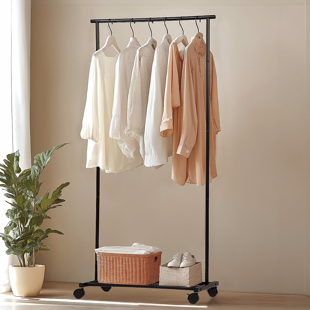 CFATLFRM Clothing Garment Rack for Hanging clothes, Rolling Clothes Rack for rolling clothes rack with Storage Shelves and Wheels, portable clothes rack for Home, Apartment, Office (Black)