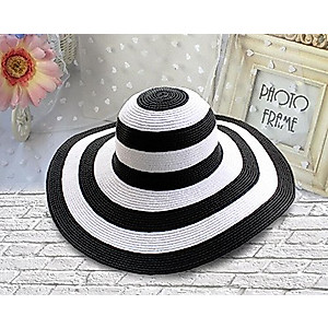 Women's Beachwear Sun Hat Black and White Striped Straw Hat Floppy Beach Hat Foldable Wide Brim Cap