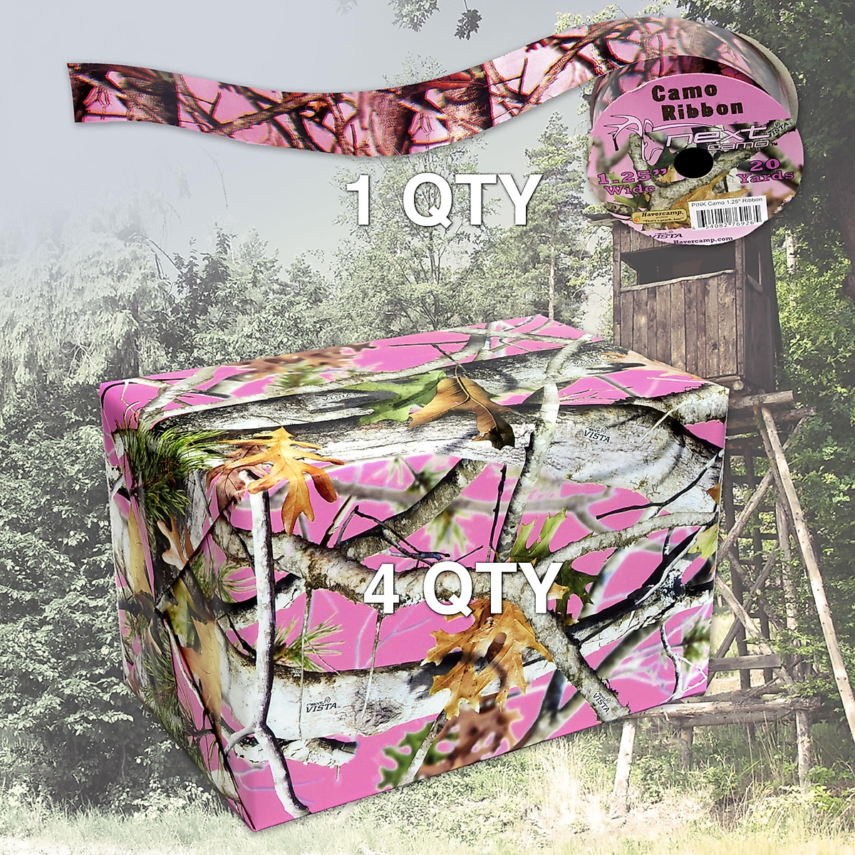 Havercamp Pink Camo Gift Wrapping Kit! This Deluxe set includes: 1 Lg. Pack of Wrapping Paper (20 sq. feet), 3 (5”) Gift Bows, 1 (8”) Gift Bow, and 20 Yards of Ribbon.