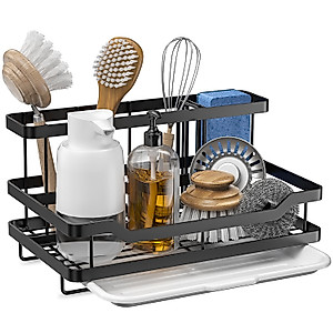 Sponge Holder Kitchen Sink Caddy Organizer, Large Stainless Steel Sink Tray Drainer Rack, Countertop Soap Dish Dispenser Brush Holde with Removable Drain Tray - Not Including Dispenser, Sponge, Brush
