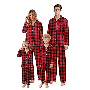 Schbbbta Christmas Family Pajamas Matching Sets Silk Satin Long Sleeve Pj Set Sleepwear, Red Black, 11-12 Years = Tag 160
