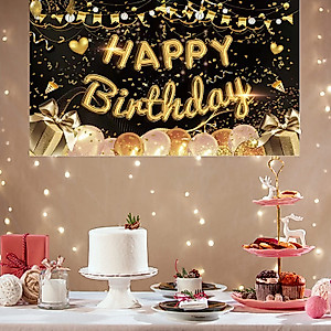 Happy Birthday Banner Black Gold Happy Birthday Backdrop Party Decorations Supplies for Women Men Children Girl Boy