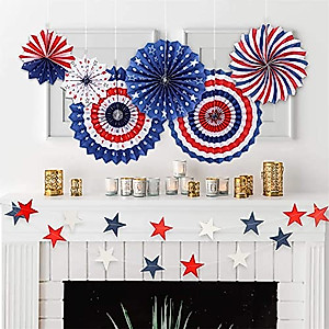 4th of July Party Decorations, Star Streamer, Independence Day American Flag Hanging Paper Fans, Foil Fringe Curtain, Pompoms Flowers Balloons for Patriotic Party Decorations Set