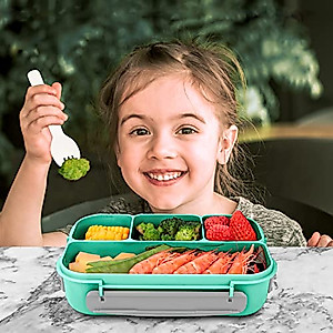 Bento Box, Lunch Box Containers for Toddler/Kids/Adults, 1300ml-4 Compartments&Fork, Leak-Proof, Microwave/Dishwasher/Freezer Safe, Bpa-Free(Green)