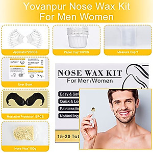 Nose Wax Kit for Men Women, Yovanpur Nose Hair Waxing Kit with 100g Nose Hair Wax Beads (15-20 USES), 20 Applicator, 15 Mustache Protector, 10 Paper Cups, 1 Measuring Cup - Easy, Quick and Painless