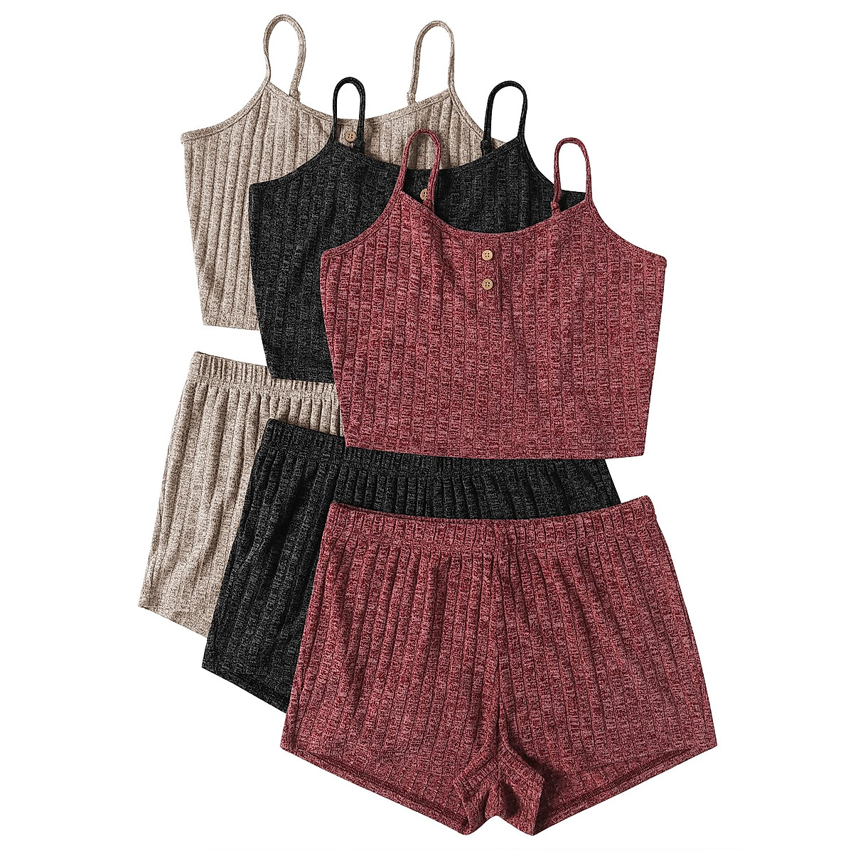Ekouaer 3 Sets for Women Ribbed Pajamas Crop Cami Top and Shorts Pjs Casual Sleeveless Button Lounge Set Sleepwear Black/Apricot/Wine,X-Large