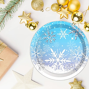 ipalmay Snowflake Party Plates Serves 24, Winter Snow Themed Disposable Paper Plates for Christmas, Holiday Celebration, Baby Shower, Wedding, Bridal Shower, New Year Blue White Party Supply