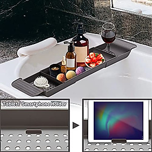 2 Pack Expandable Caddy Bath Tray for Tub, Multifunctional Drain Bathtub Shelf with Non-Slip Extending Grip for Tub Against Wall, Kitchen Dish Drying, Tub Organizer with Foldable Storage Baskets