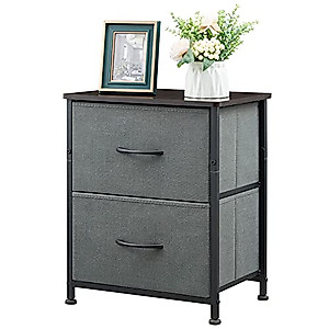 Somdot Nightstand with 2 Drawers, Bedside Table Small Dresser with Removable Fabric Bins for Bedroom Nursery Closet Living Room - Sturdy Steel Frame, Wood Top, Pull Handle - Charcoal Grey/Dark Walnut