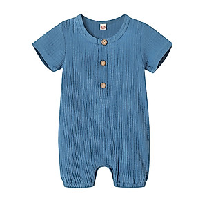 Happy Town Infant Baby Girl Boy Jumpsuit Cotton Linen Romper Short Sleeve One-Piece Bodysuit Infant Summer Clothes Outfits (Blue, 6-12 Months)