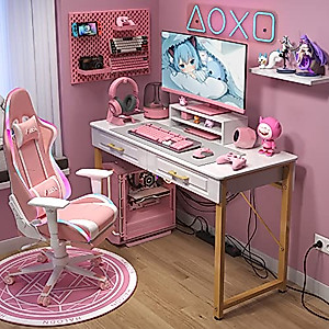 WESTREE Modern Makeup Vanity Desk with Glossy Desktop,Bedroom Home Office Writing Desk with Drawers, Storage Shelf, Gold Metal Frame for Dressing Table Without Mirror